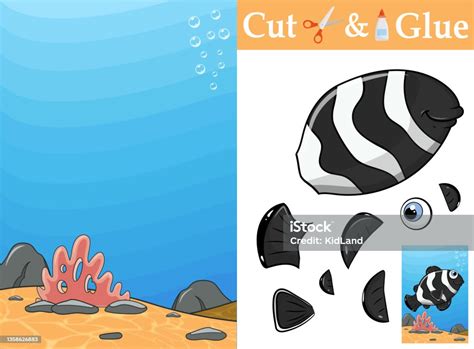 샘플에 대한 아플리케 귀여운 광대 물고기를 만듭니다 다채로운 배경에 이미지와 접착제의 일부를 잘라 연습 기술 모터 계획 시퀀싱 절단 고집에 완벽한 워크 시트 활동 Diy에