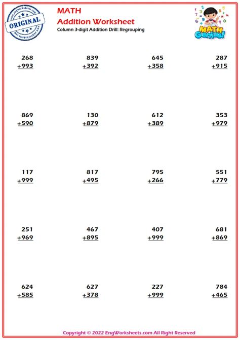 column 3 digit addition drill regrouping worksheets and exercise