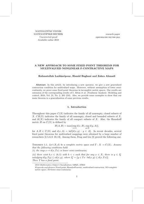 Pdf A New Approach To Some Fixed Point Theorems For Multivalued Nonlinear F Contractive Maps