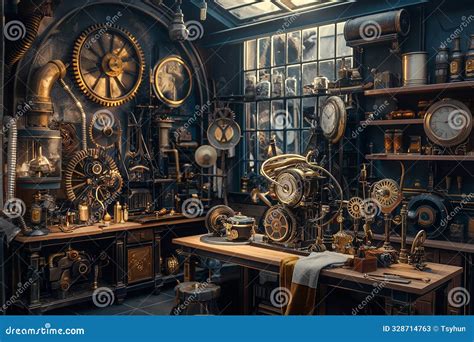 An Intricate Steampunk Workshop Filled With Brass Gears Steam Engines