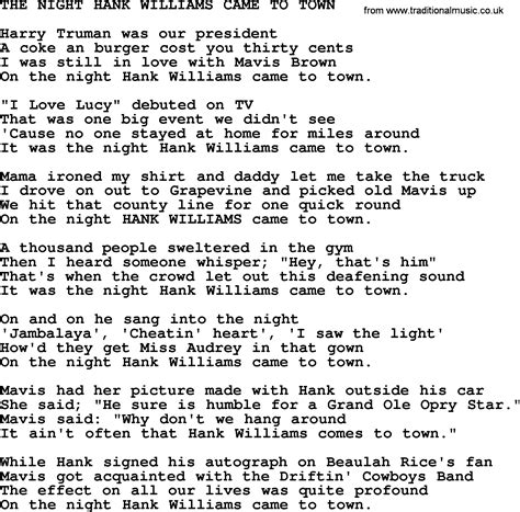 Johnny Cash Song The Night Hank Williams Came To Town Lyrics