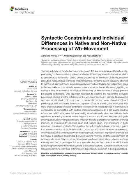 Pdf Syntactic Constraints And Individual Differences In Native And Non Native Processing Of Wh