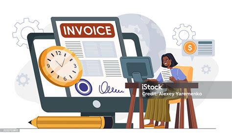인보이스를 가진 여자 컴퓨터 앞에 앉아 전자 문서를 읽고 있는 사업가 지폐를 가진 기업가 예산 책정 및 회계 회계사 또는 사무원 플랫 벡터 일러스트 레이 션 경영자에 대한