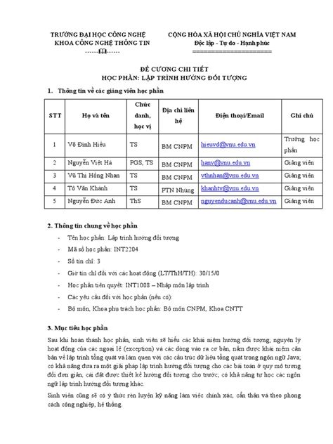 Int2204 Lap Trinh Huong Doi Tuong đề Cương Môn Học Pdf