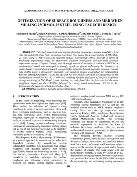 Optimization Of Surface Roughness And Mrr When Milling 25crmo4 25 Steel Using Taguchi Design Pdf