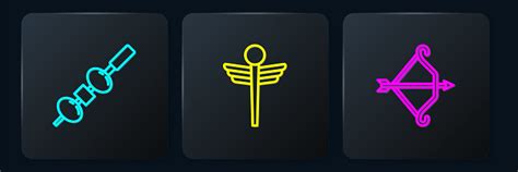 젓가락에 올리브와 치즈를 꽂고 화살이 달린 중세 활과 카두세우스 뱀 의료를 설정합니다 검은색 사각형 버튼입니다 벡터 건강 진단에