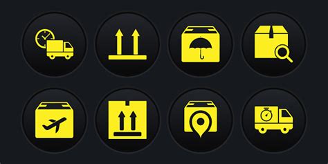 비행기 및 골판지 상자 검색 패키지 교통량이있는 골판지 위치 배달 우산 이쪽이 위로 트럭 스톱워치 및 시계 아이콘을 설정합니다 벡터 감시에 대한 스톡 벡터 아트 및 기타