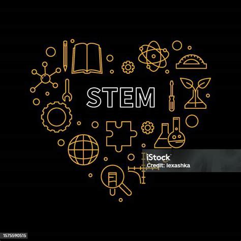 Stem 과학 하트 개요 개념 배너입니다 과학 기술 공학 및 수학 벡터 노란색 그림 Stem 주제에 대한 스톡 벡터 아트 및