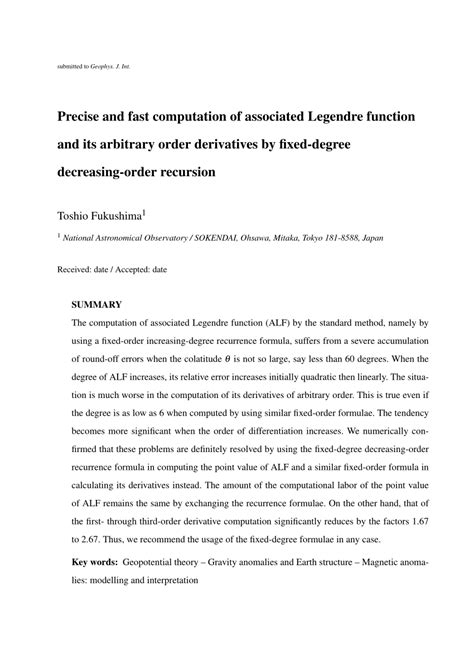 Pdf Precise And Fast Computation Of Associated Legendre Function And Its Arbitrary Order