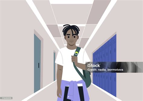 한쪽 어깨에 배낭을 메고 교실 문과 사물함을 배경으로 학교 복도를 걷고 있는 미취학 아동 사춘기 이전 어린이에 대한 스톡 벡터 아트 및 기타 이미지 사춘기 이전 어린이