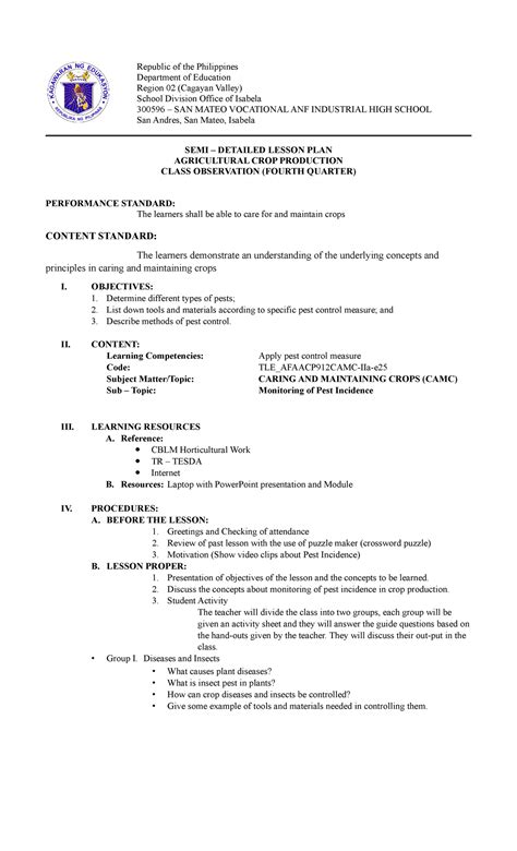 Cot Semi Detailed Lesson Plan For Demo Republic Of The Philippines