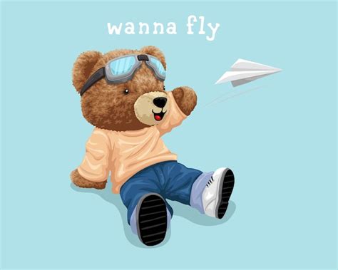 종이 비행기로 조종사 고글을 쓰고 있는 귀여운 테디 베어의 벡터 그림 프리미엄 벡터