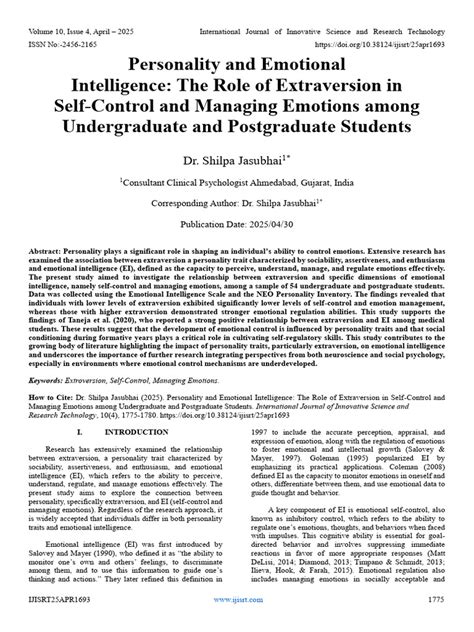 Personality And Emotional Intelligence The Role Of Extraversion In Self Control And Managing