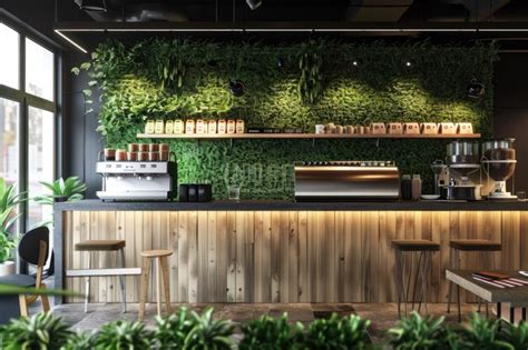 Office Cafe Interior Grass Wall Front Premium Ai Generated Image