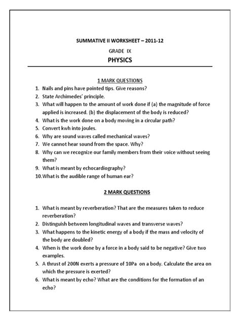 Cbse Class 9 Physics Worksheet Revision Pdf Waves Force