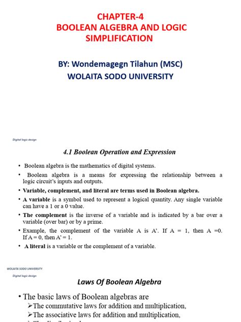 Chapter 4 Boolean Algebra And Logic Simplification By Wondemagegn