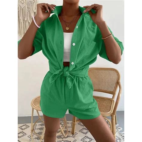 Casual Solid Color Long Sleeve Shirt With Short Outfit Set Yellow Sub