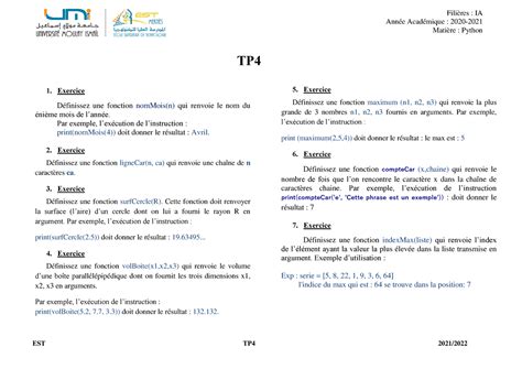Tp4 Tp4 De Python Est Tp4 2021 Filières Ia Année Académique