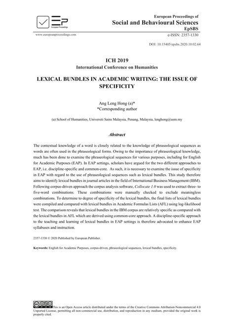 Pdf Lexical Bundles In Academic Writing The Issue Of Specificity