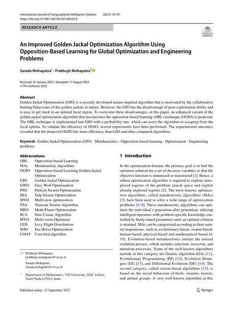 Pdf An Improved Golden Jackal Optimization Algorithm Using Opposition