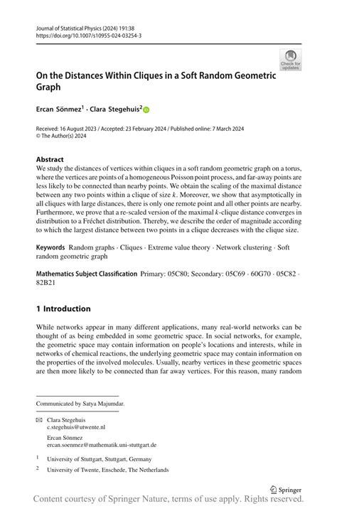 Pdf On The Distances Within Cliques In A Soft Random Geometric Graph