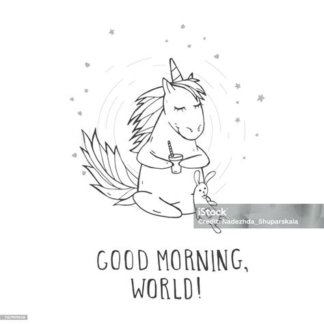 장난감 토끼 마음과 텍스트와 손으로 그린 귀여운 앉아 유니콘의 벡터 그림 좋은 아침 세계 흰색 배경에 검은색에 대한 스톡 벡터 아트 및 기타 이미지 Istock