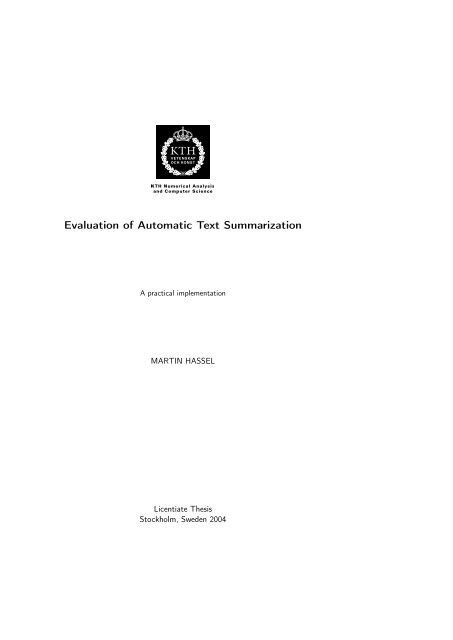 Evaluation Of Automatic Text Summarization Kth