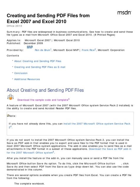 creating and sending pdf files from excel 2007 and excel 2010 pdf