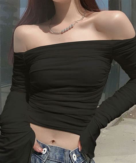 [무배🚚] 긴팔 오프숄더 셔링 시스루 티