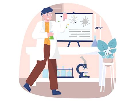 Premium Vector A Man In A Lab Coat Is Holding A Test Tube And A Microscope On The Table