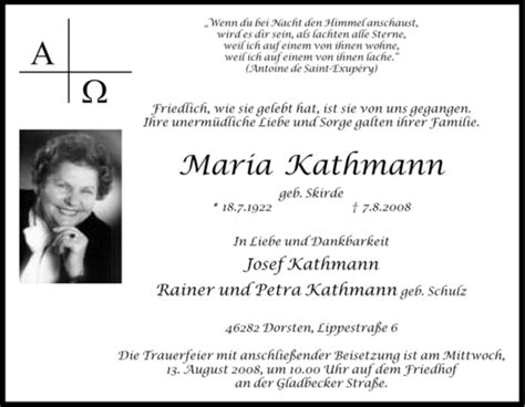 Traueranzeigen Von Maria Kathmann Trauer In Nrw De