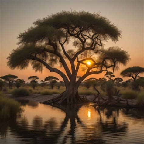 Premium Photo A Sunset With A Tree And A Reflection Of A Sun Setting In The Water