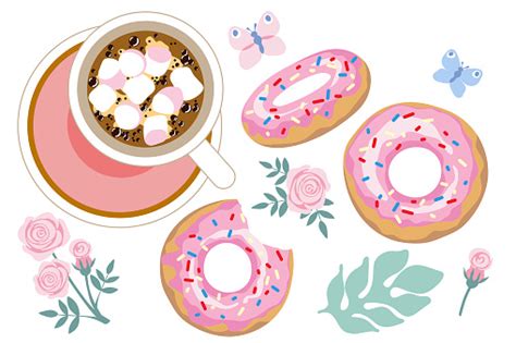 분홍색 아이싱과 뿌려 장미 꽃과 마시멜로와 블랙 커피 한 잔을 가진 도넛 세트 만화 스타일 마시멜로에 대한 스톡 벡터 아트 및 기타 이미지 Istock