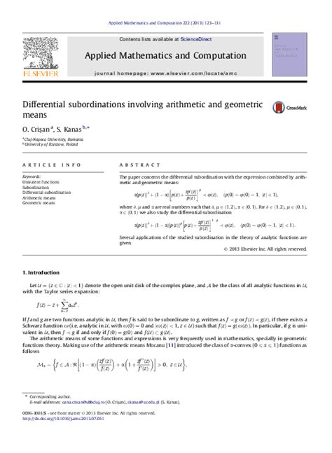 Pdf Differential Subordinations Involving Arithmetic And Geometric Means