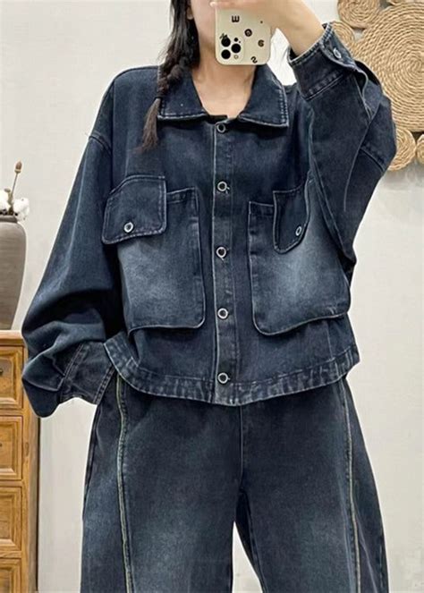 Modern Blue Button Pockets Patchwork Denim Coat Fall Denim Fashion