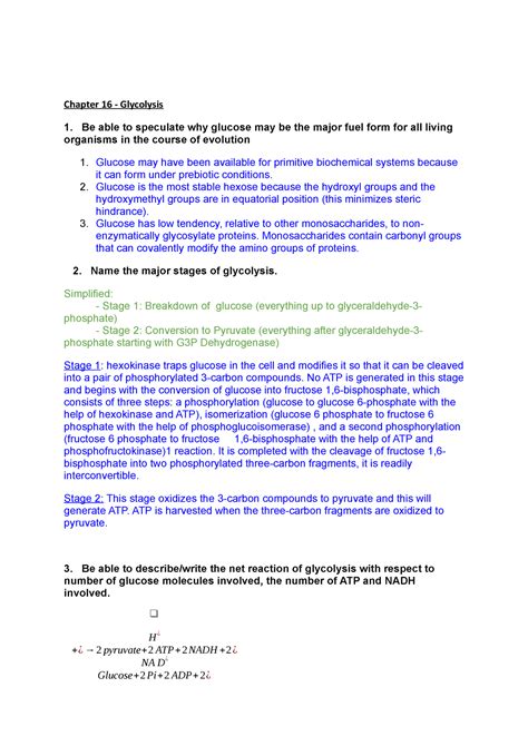 Chapter 16 Summary Biochemistry Chapter 16 Glycolysis Be Able To Speculate Why Glucose May