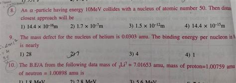 The Mass Defect For The Nucleus Of Helium Is 0 0303amu The Binding Energ