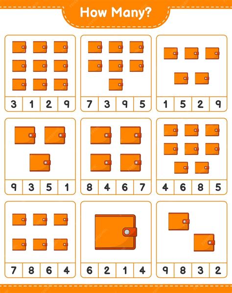 계산 게임 지갑 수 교육용 어린이 게임 인쇄 가능한 워크 시트 프리미엄 벡터