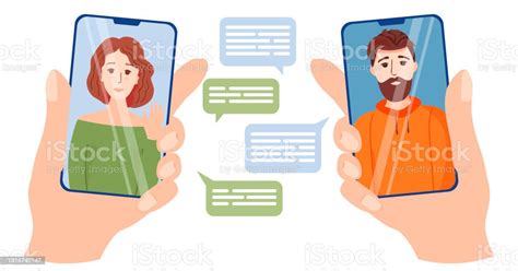 서로 채팅하는 사람들과 함께 스마트 폰을 들고 손 스마트 폰의 화면에 남자와 여자 친구들과 채팅 화상 통화 흰색 배경의 벡터 그림입니다 개념에 대한 스톡 벡터 아트 및 기타