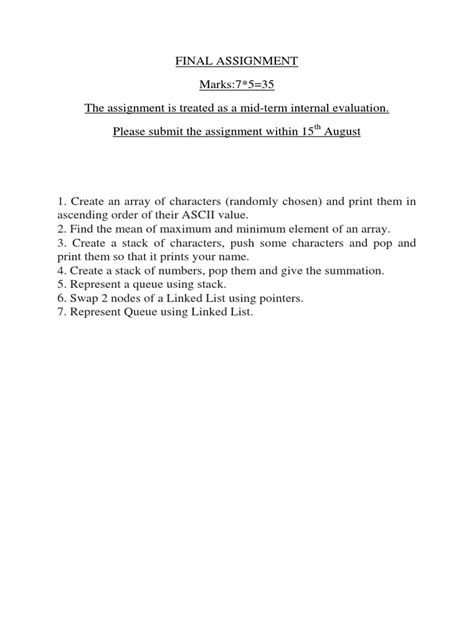 Final Assignment Marks 35 Array Stack Queue Problems Pdf