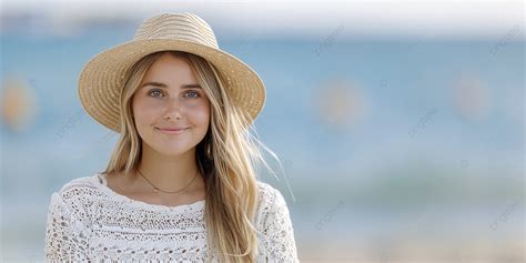밀짚모자를 쓴 아름다운 소녀가 웃으며 카메라를 바라보고 있습니다 아름다운 여자 빨대 배경 일러스트 및 사진 무료 다운로드 Pngtree