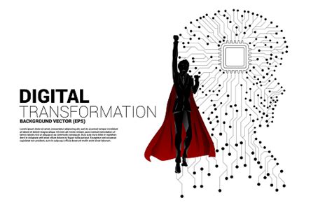 도트에서 남자 머리와 비행 슈퍼 히어로의 실루엣은 프로세서와 라인 회로 보드 스타일을 연결합니다 개념 배경 인간의 미래와 기술