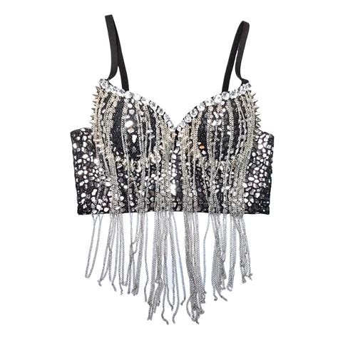 Weloijevbe Tank Tops For Women Ladies Fringe Sequins Sexy Hot Stage