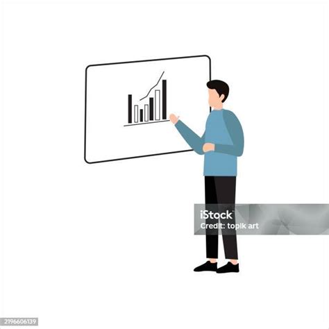 하늘색 셔츠와 검은색 바지를 입은 남자가 서서 화이트보드의 그래프를 가리키고 있는 양식화된 그림입니다 가리키기에 대한 스톡 벡터 아트 및 기타 이미지 Istock
