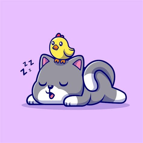 Premium Vector Cute Cat Sleeping With Chick Cartoon Vector Icon