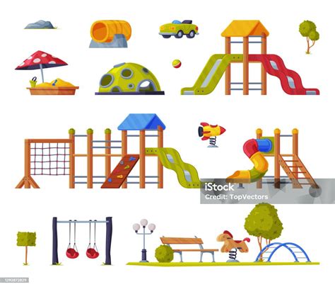 슬라이드 스윙 및 사다리 벡터 세트가 있는 어린이 놀이터 요소 벡터에 대한 스톡 벡터 아트 및 기타 이미지 벡터 운동장 나무 Istock