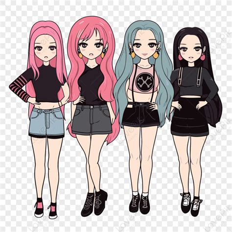 함께 포즈를 취하는 네 명의 여성 만화 벡터클립 아트블랙핑크 Png 일러스트 무료 다운로드 Lovepik