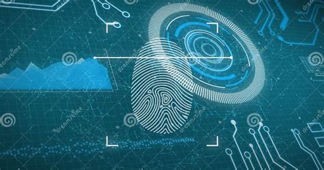 Image Of Biometric Fingerprint Scanner Over Interface With Data Processing On Blue Background