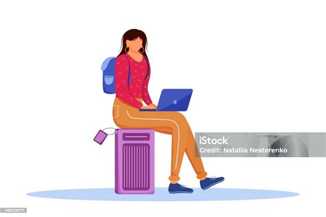 트립 플랫 벡터 일러스트레이션 중에 랩톱사용 온라인으로 호텔 예약 해외 여행 중 프리랜서로 일하고 있습니다 흰색 배경에 항해 준비 고립 만화 캐릭터 가공의 인물에 대한 스톡