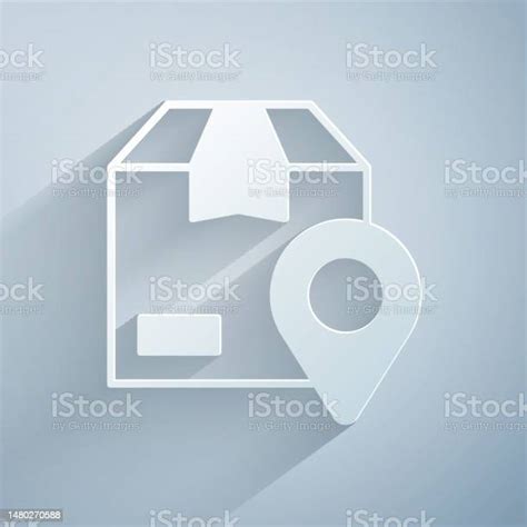 회색 배경에 격리된 판지 상자 아이콘이 있는 종이 컷 위치 배달 서비스 물류 및 운송 유통 종이 아트 스타일 벡터 3차원 형태에 대한 스톡 벡터 아트 및 기타 이미지